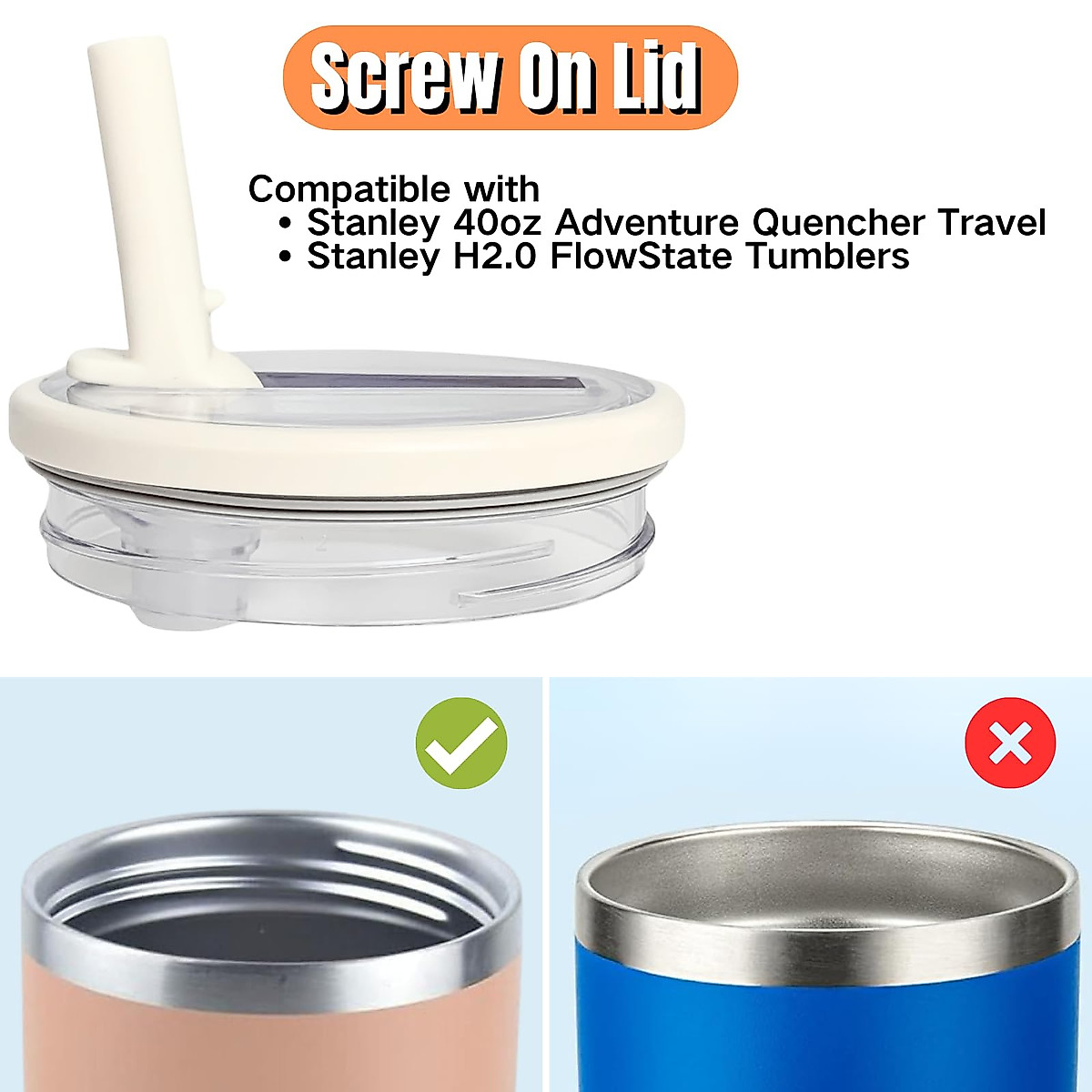 2 Pack 40 oz Tumbler Flip Straw Lid Replacement Compatible with Stanley Quencher, Leak-Proof Splash Resistant Tumbler Top Replacement Reusable Tumbler Cover(Beige)