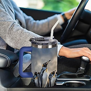 LLUTSNTH 40 Oz Vacuum Tumbler with Deep Blue Handle Leakproof Insulated Tumbler Sea Penguin Stainless Steel Travel Mug with Lid And Straw Coffee Cup Cute Water Bottles Cup Holder Friendly