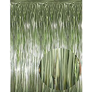 GOER 6.4 ft x 9.8 ft Metallic Tinsel Foil Fringe Curtains,Pack of 2 Party Streamer Backdrop for Birthday,Graduation Decorations and New Year Eve (Sage Green)