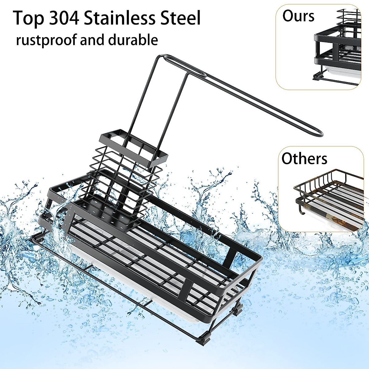 Godboat Kitchen Gadgets, Sponge Holder for Kitchen Sink, Kitchen Sink Organizer, 304 Stainless Steel Sink Caddy, No Drilling Sponge Holder, Kitchen Organization with Drain Pan, Gifts for Women & Men