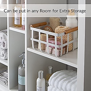 Simplify Square Metal Storage Basket with Bamboo Handles | Medium | Farmhouse Style Wire Basket | Home Organizer | Decorative | Rustic | White