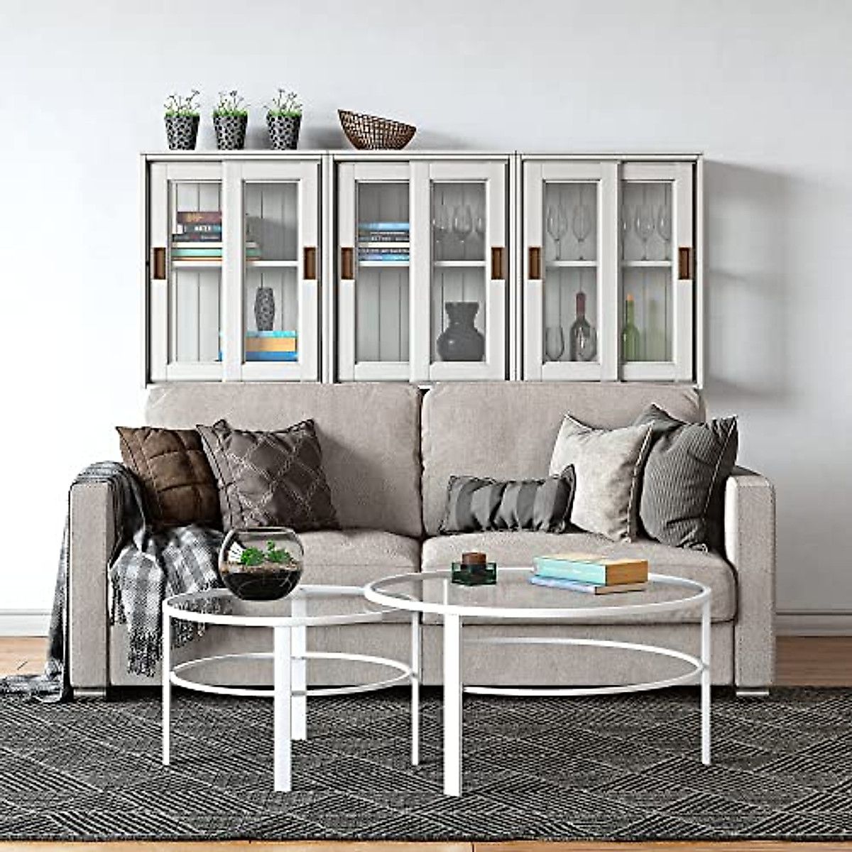 Henn&Hart Round Nested Coffee Table in White, Modern coffee tables for living room, studio apartment essentials, 36" Wide