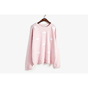 Women Kawaii Ulzzang Thick Vintage College Loose Sweater Female Sweet Cute Clouds Embroidery Knitted Kawaii Casual Pullover Pink