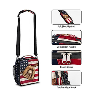 Vintage Baseball Insulated Lunch Box Kids Lunch Bags, Baseball American Flag Reusable Lunch Tote Bag Thermal Cooler Meal Bag with Shoulder Strap for Women Men Boys Girls