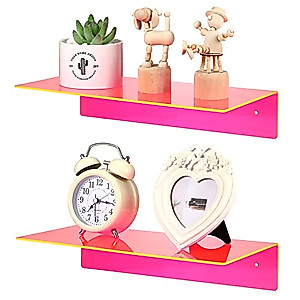Set of 2 Acrylic Shelves 12 Inch Acrylic Wall Shelf Acrylic Floating Shelves Wall Mounted Display Organizer Book Shelf for Bedroom Living Room Bathroom Office Nursery Kitchen Book Display, Pink