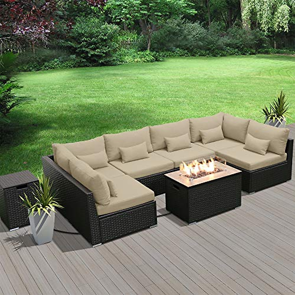 Sun peak Fire Table Set Sectional Outdoor Furniture Propane Firepit Dark Brown Rattan Multi Colors Outdoor Sofa Set (Light Beige Rectangular Table)