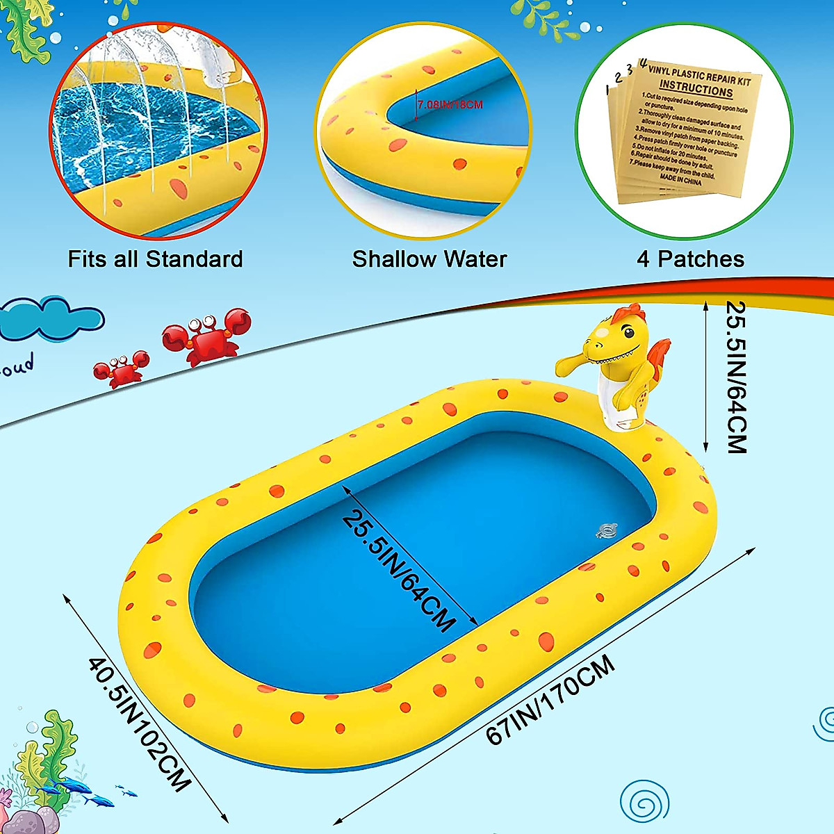 LQTTEK Inflatable Sprinkler Pool for Kids, Cute Dinosaur Kiddie Pool, 3-in-1 Backyard Splash Pad Swimming Outdoor Water Toys for Toddlers