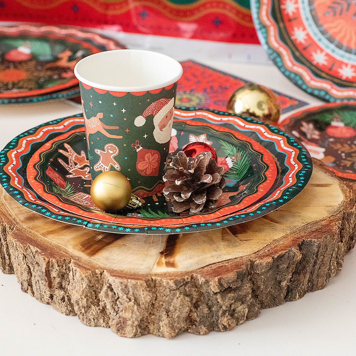 Christmas Paper Plates and Napkins Serves 16 Guests - Merry Christmas Tableware Sets With Santa Claus, Tree Snowflake | Disposable Paper Large Dinner Plates, Small Dessert Plates, Cups and Napkins