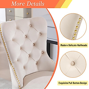KCC Velvet Home Office Chair with Gold Metal Base & Nailhead Trim, Modern Swivel Upholstered Tufted Task Chair, Adjustable Wingback Armless Desk Chair for Living Room/Bedroom(Beige)