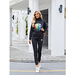 Angsuttc Womens Casual 2 Piece Outfits Lip Print Long Sleeve Pullover Sweatshirt Jogging Pants Tracksuits Set Black L