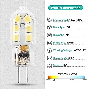 Amazing power G4 LED Bulb, 12V JC G4 Bi Pin Bulb, G4 20W Halogen Bulb Replacement, Warm White 3000K, 10-Pack