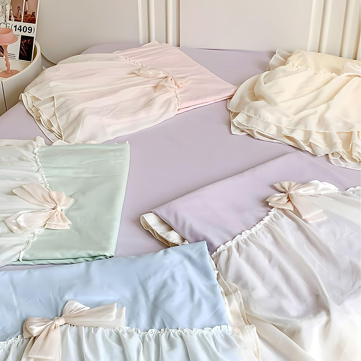 Rvciby Girls Pink Bow Duvet Cover Full Size,3PCS Soft Microfiber Bedding Set,Romantic French Bedding with Chiffon Lace and Cute Bows,Corner Ties&Zipper Closure (79"x90"-1 Duvet Cover,2 Pillow Cases)