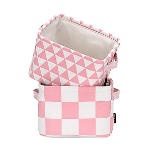 Sea Team Foldable Mini Square New Pink and White Geometric Theme 100% Natural Linen & Cotton Fabric Storage Bins Storage Baskets Organizers for Shelves & Desks - Set of 4 (Pink)