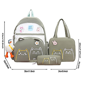 Kawaii Backpack for girls,17in Cute Cat Embroidery School Backpack Set with Lunch Bag Pencil Box,3PCS Aesthetic Student Bookbags,Green