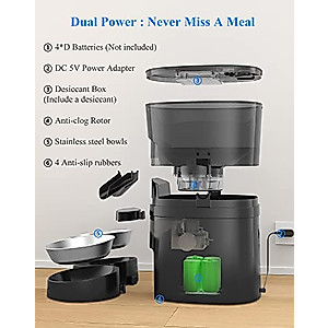 HoneyGuaridan Automatic Cat Feeder for 2 Cats,Wi-Fi Smart Pet Feeder,Timer Cat Food Dispenser for Cats & Dogs, APP Control,Dessicant, Voice Recorder,Stainless Steel Bowl 1-6 Meals a Day (Black)