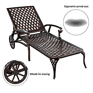 HOMEFUN Chaise Lounge Outdoor, Cast Aluminum Lounge Chairs Set of 2 for Outside Pool Lounge Tanning Chairs with Adjustable Backrest and Moveable Wheels End Table Included, Bronze