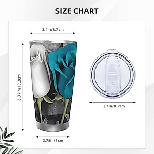 Teal Gray Rose Tumbler with Lid and Straw 20oz Stainless Steel Car Cup for Hot and Cold Drinks, Double Wall Insulated Travel Coffee Mug Reusable Drink Thermos Cup Birthday Gifts