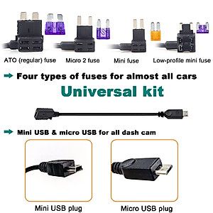 iiwey Dash Cam Hardwire Kit, 4 Meter Dashboard Camera Car Charger Cable Kit 12V- 24V to 5V, Power Adapter with LP/Mini/ATO/Micro2 Fuse for Dash Cam (Mini/Micro)