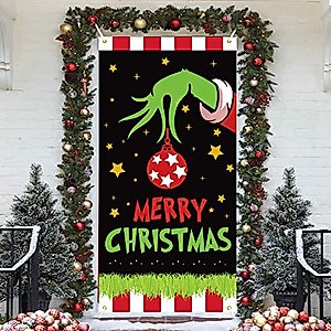 Merry Christmas Door Cover Banner Decorations Green Black Funny Christmas Hanging Banner Porch Sign Merry Christmas Porch Sign for Indoor Outside Front Door Party Decorations Supplies