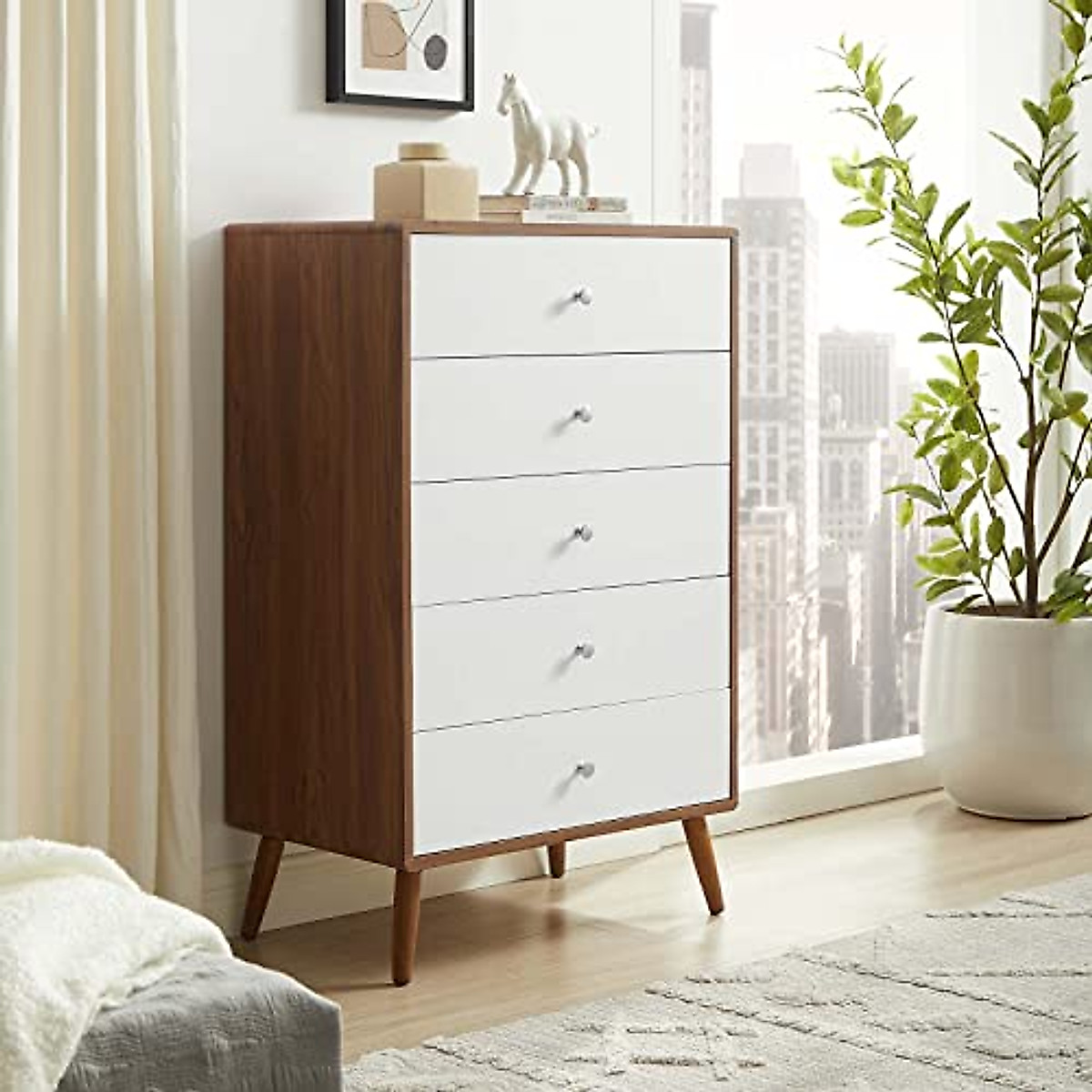 Modway Transmit Mid-Century Modern Wood Walnut White, 5-Drawer Chest