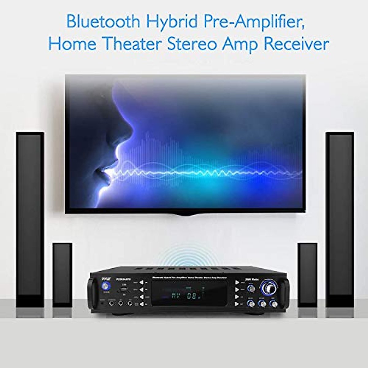 Pyle 4-Channel Bluetooth Home Power Amplifier - 2000 Watt Audio Stereo Receiver w/ Speaker Selector, AM FM Radio, USB/ SD Card Reader, Karaoke Microphone Input - Home Entertainment System
