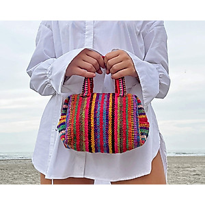 TINKUY PERU Woven Purse, Multicolored Rainbow Handmade Purse, Peruvian Boho Chic Bag Small Handbags For Women, (Red)