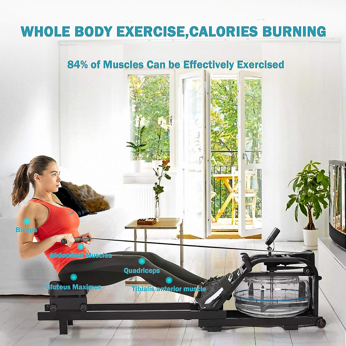 Vilobos Water Rowing Machine Sturdy Steel Frame Rower with Water Resistance Adjustable LCD Monitor for Calories Burned Sports Exercise Equipment in Home Gym