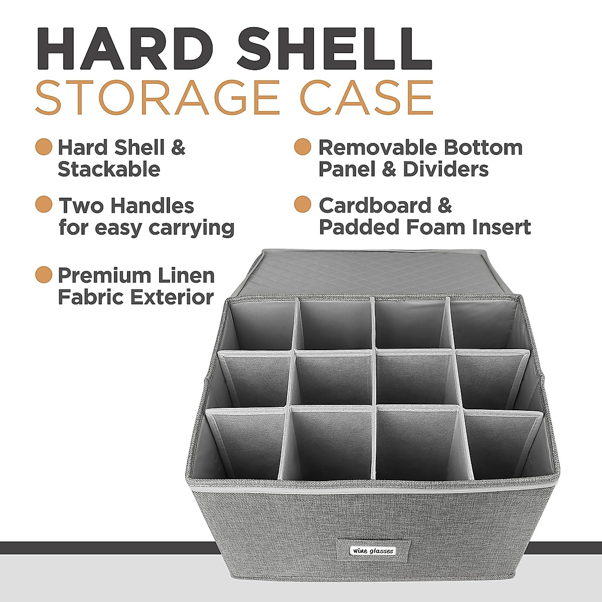 LotFancy Stemware Storage Container, Hard Shell, Stackable Wine Glass Storage Box with Dividers & Handles, Crystal Glassware, Champagne Flute, Drinkware Case for Moving, Grey