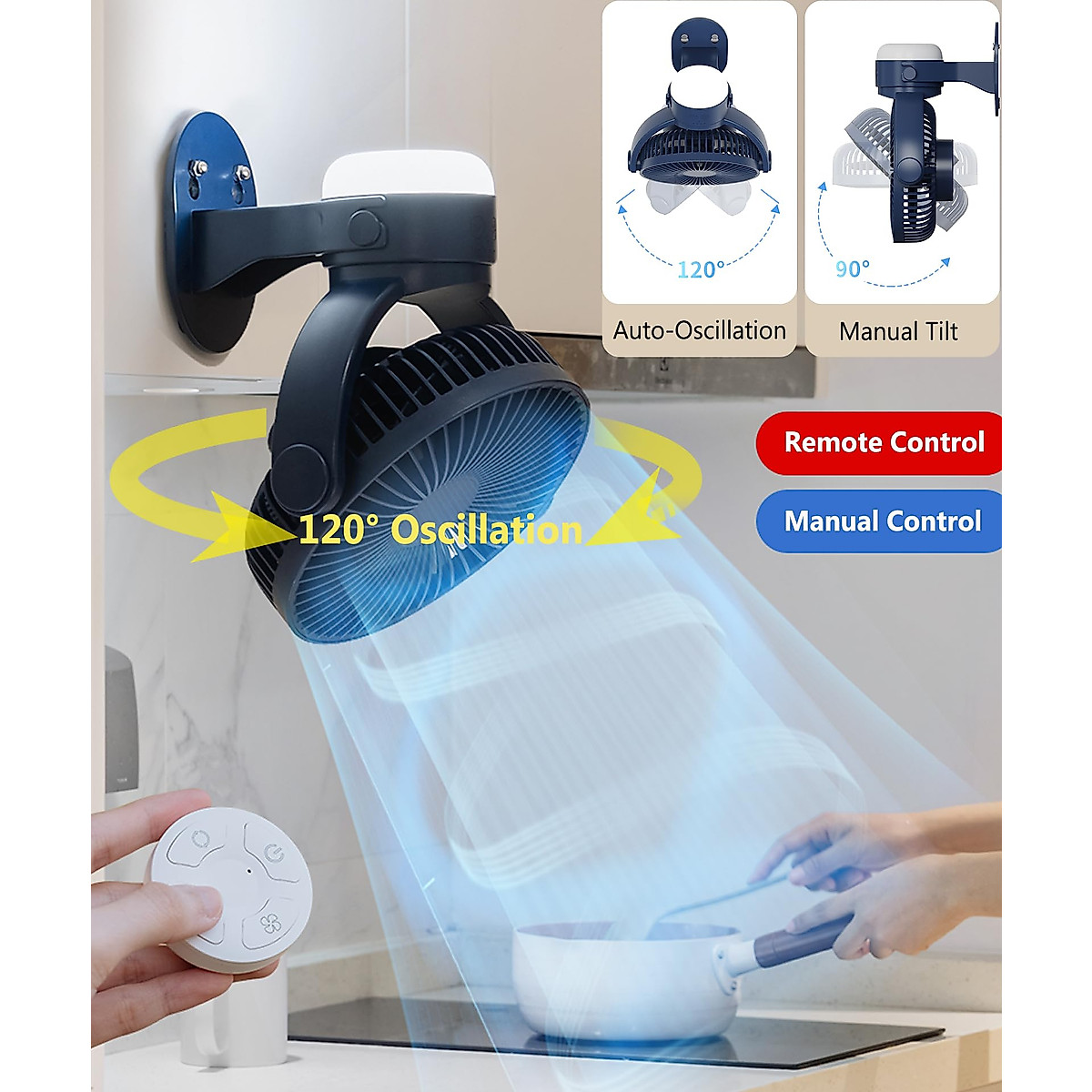 HonHey Portable Wall Mount Fan, 4000 mAh Oscillating Battery Operated Fan with Remote and LED Light, 3 Speeds, 4-10 Working Hours Timer Function, 7 Inch Outdoor Ceiling Fan for Garage Bedroom Gym RV