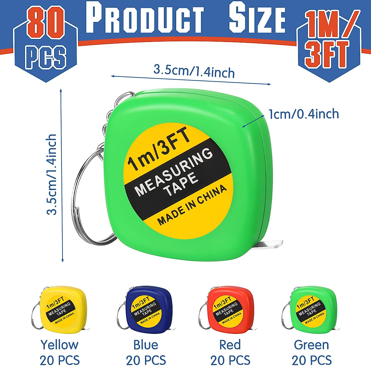 80 Pcs Small Tape Measure Keychains Functional Mini Retractable Measuring Tape with Lock Pocket Portable Measurement Tape Bulk for Construction Party Favors Birthday Gift Daily, 4 Colors(3 ft)