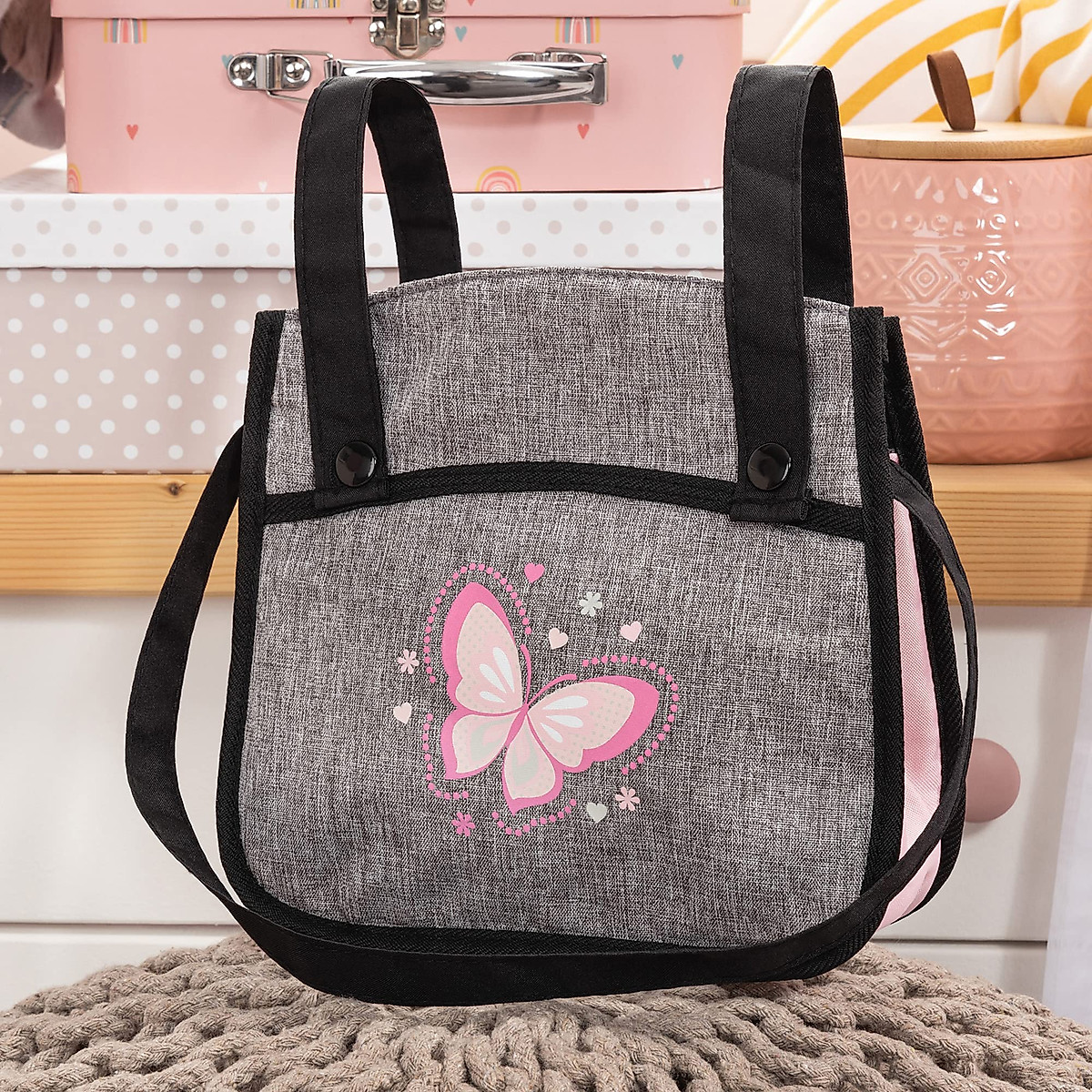 Bayer Design Dolls: Xeo Twin Pram - Butterfly Grey & Pink - Matching Handbag, Adjustable Handle, for Dolls Up to 20"