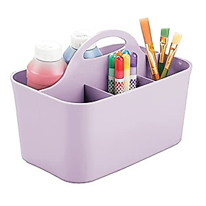 mDesign Plastic Portable Craft Storage Organizer Caddy Tote, Divided Basket Bin with Handle for Crafts, Sewing, Art Supplies - Holds Brushes, Colored Pencils - Lumiere Collection - Light Purple