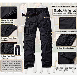TRGPSG Men's Ripstop Wild Cargo Pants Multi-Pocket Military Army Camo Casual Work Combat Trousers 5335 Black 32