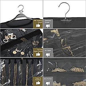 SMRITI Hanging Jewelry Organizer with Dual Zippered Pockets Canvas Double Sided Rotating Hanger Necklace Hanging Wall Organizer Earring Dustproof Holder Wall Mount Accessories Display Bag(Dark Grey)