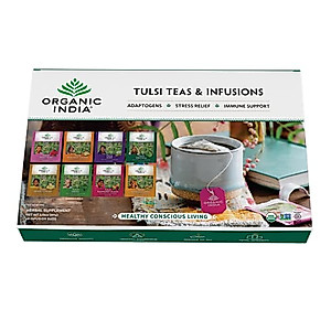 Organic India Top Eight Tulsi Herbal Teas - Holy Basil, Ashwagandha, Green, Original, Sleep, Sweet Rose, Turmeric Ginger, Lemon Ginger, Raspberry Peach - Vegan, Organic - 6 Bags Each (48 Total)