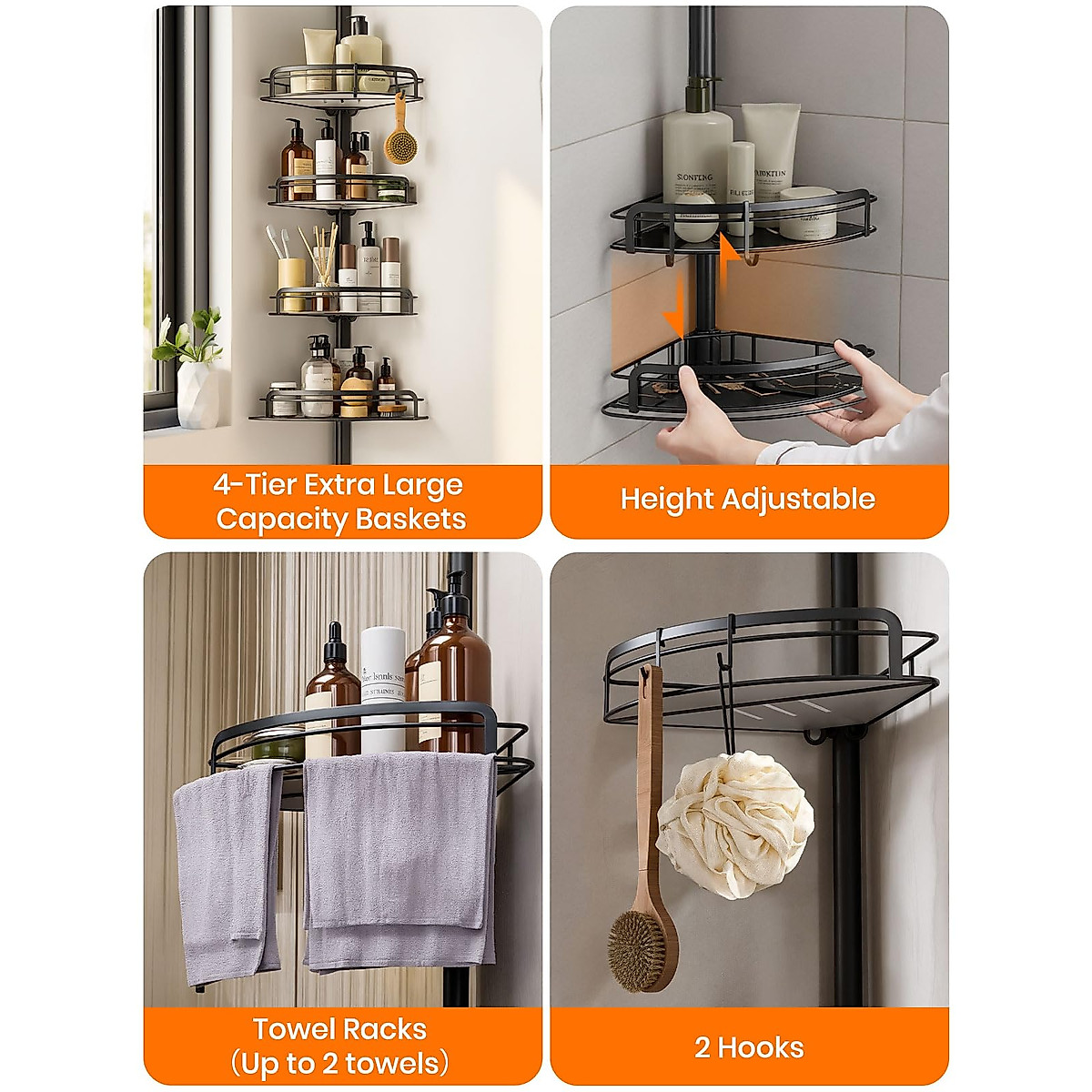 ENRUNEST Corner Shower Caddy Tension Pole for Bathroom Organizer,Tension Shower Caddy Corner,4 Tier Rustproof Larger Capacity Shelves,Adjustable 31.5 to 111.4 Inch,Black