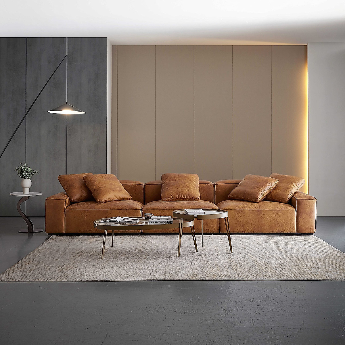 Mido Mido 142” Wide 5 Seater Sofa Filled with Feather and Foam, Modern Air Leather Large Sectional Sofa Couch, Waterproof, Dust-Proof Sofa Set for Living Room Apartment Home Hotel (Cognac Tan)