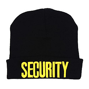 NC Men's Security Black with White Yellow Letters Long Knitted Cuffed Beanie Folded Embroidered Beanie Skull Watch Cap Hat (Gold Color)
