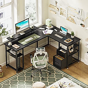 KKL L Shaped Desk with Drawer, 66" Reversible Computer Desk with Storage Shelves, Corner Gaming Desk and Monitor Stand, Home Office Desk, Modern Wooden Desk, Easy to Assemble, Black