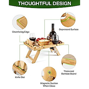 tgosomt Wine Picnic Table Foldable, Portable Bamboo Picnic Table, Picnic Tray for Outdoor, Park, Camping, Beach