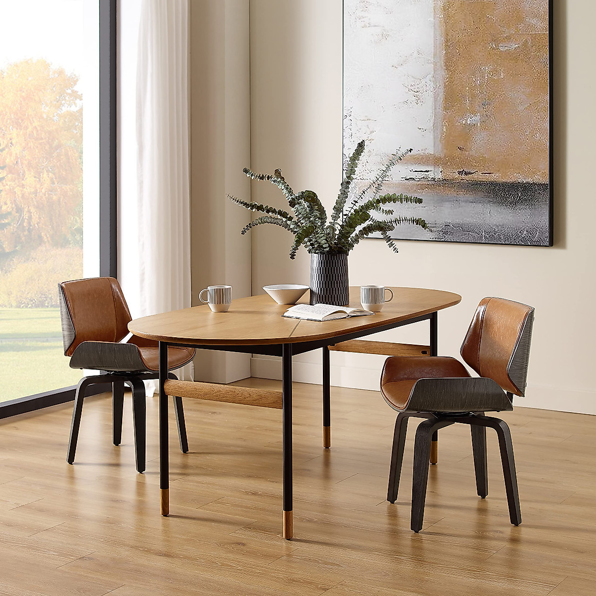 Art Leon Desk Chair No Wheels, Mid Century Modern Faux Leather Upholstered Swivel Accent Chair with Solid Wood Legs for Living Room Bedroom, Grey Oak Bentwood, Brown