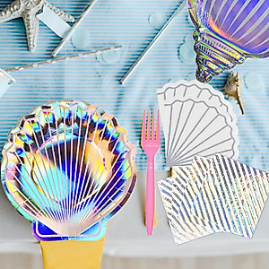 104 Pieces Mermaid Party Tableware Supplies Kit,32 Mermaid Clam Shell Plates,40 Holographic Napkins,32 Pink Forks,Disposable Mermaid Paper Plates Napkins Forks for Birthday Wedding Party (104)