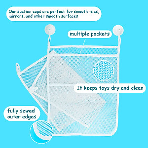 2 PCS Mesh Bathtub Toy Holder Bag, LEEFONE 18 x 14 Inch Bath Toy Organizer, 4 Ultra Strong Hooks, White