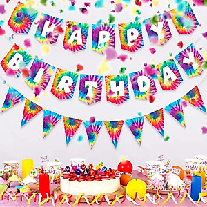 2 Pieces Tie Dye Birthday Party Supplies Happy Birthday Pennant Banner for Tie Dye Party Art Retro 60s 70s Theme Hippie Carnival Baby Shower Birthday Party Decorations