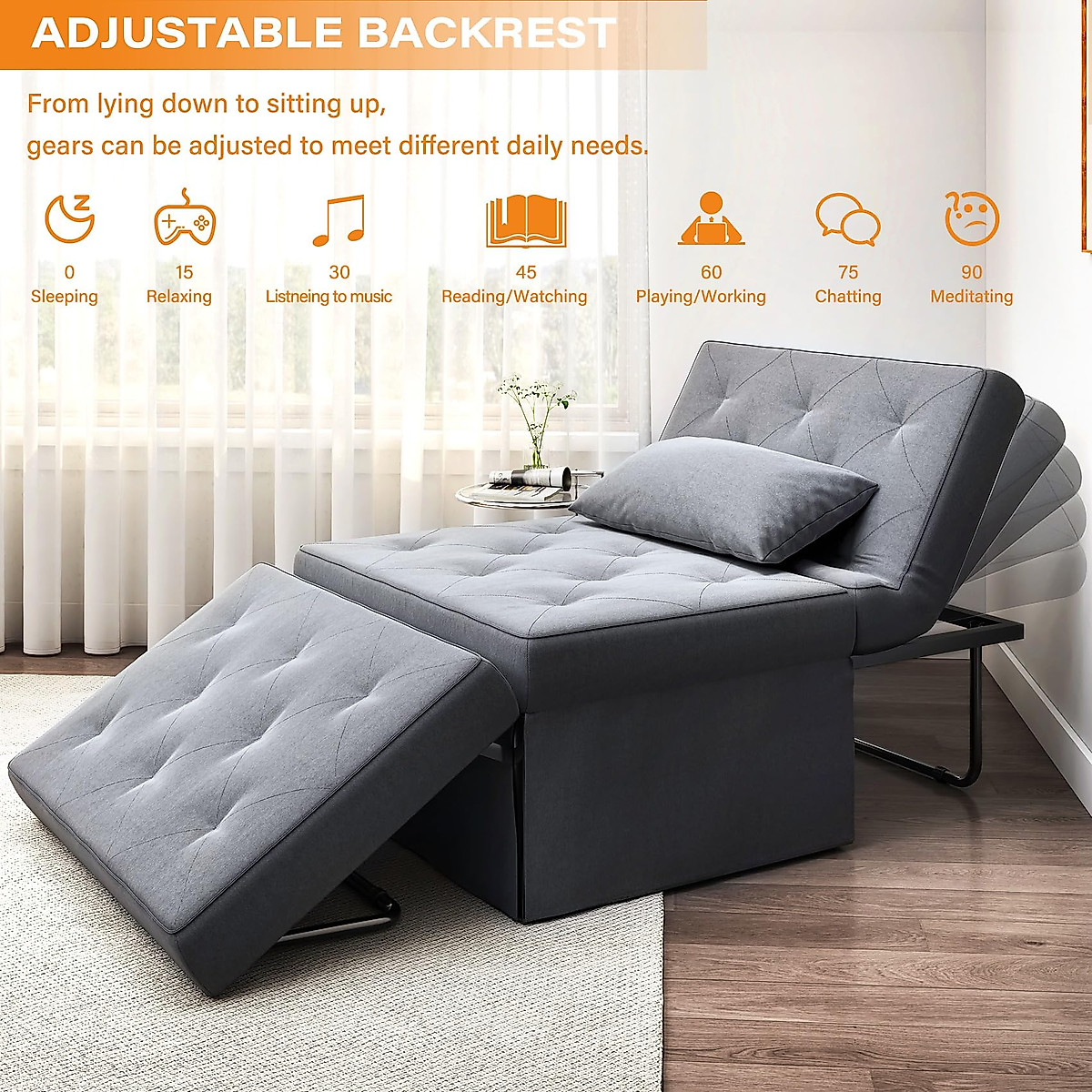 TC-HOMENY Sofa Bed with Pillow, 4 in 1 Multi-Function Adjustable Backrest Sleeper Chair Bed, Soft and Thick Sponge Cushion with Convertible Sofa Chair