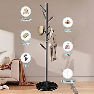 OIRUMIE Coat Rack with Natural Marble Base, Metal Freestanding Coat Rack, Stainless Steel Coat Rack Stand with 8 Hooks for Hanging Scarf, Bag, Jacket, Black Coat Hall Tree Hanger Holder Stand