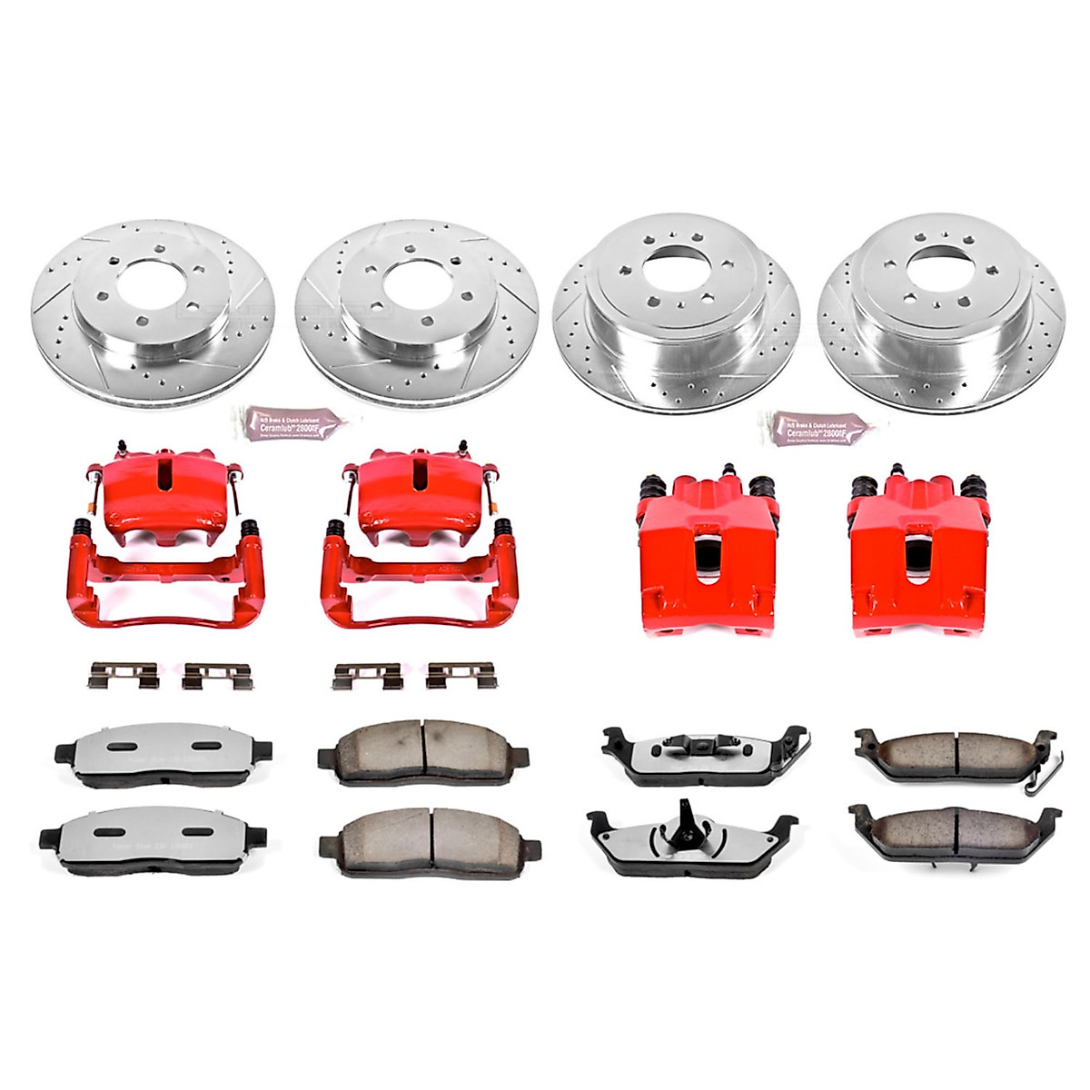 Power Stop KC1944A-36 Front and Rear Z36 Truck and Tow Brake Pads with Drilled and Slotted Rotors Kit with Calipers For Ford F150 Lincoln Mark Lt 4WD 4X4