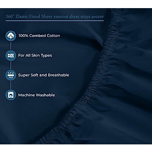 ROYALE LINENS 400 Thread Count 100% American Grown Cotton 4 Piece Sateen Queen Sheet Set - 1 Fitted Sheet, 1 Flat Sheet, 2 Pillow case - Navy Queen Bedsheet - Cotton Sheets - (Queen, Rivera Navy)