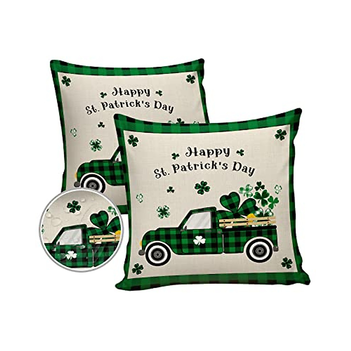 Outdoor Pillows 16x16 Waterproof Outdoor Pillow Covers, St Patrick's Day Shamrock Truck Polyester Throw Pillow Covers Garden Cushion Decorative Case for Patio Couch Decoration Set of 2, Spring Clovers