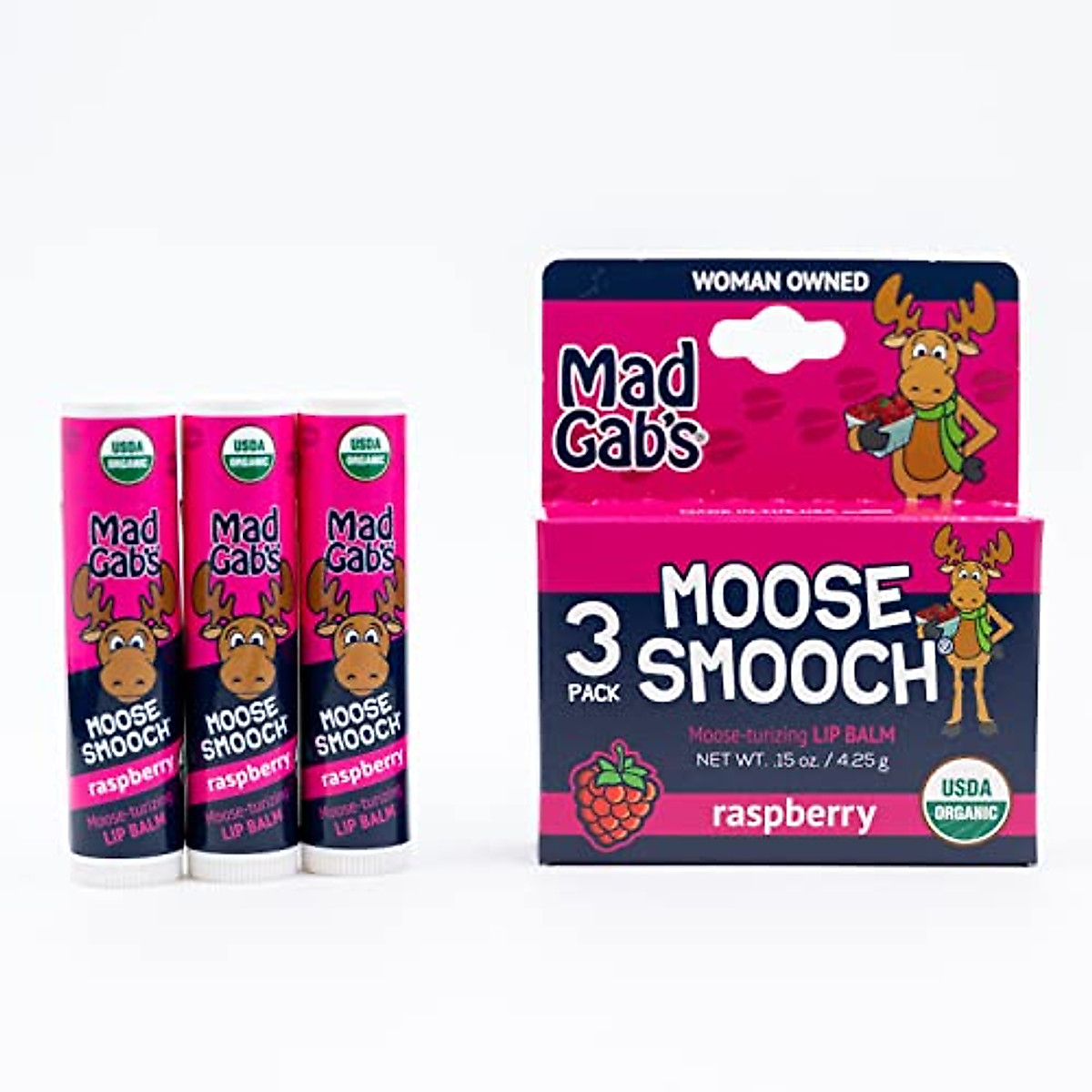 Mad Gab's Moose Smooch Raspberry Lip Balm, Mother's Day Gift, Moisturizing and Certified Organic, Made with Organic Olive Oil and Beeswax, 3 pack Gift Set